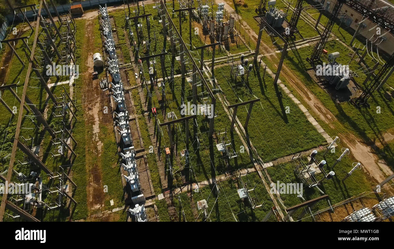 Aerial view Power plant, transformation station, cables and wires. High ...