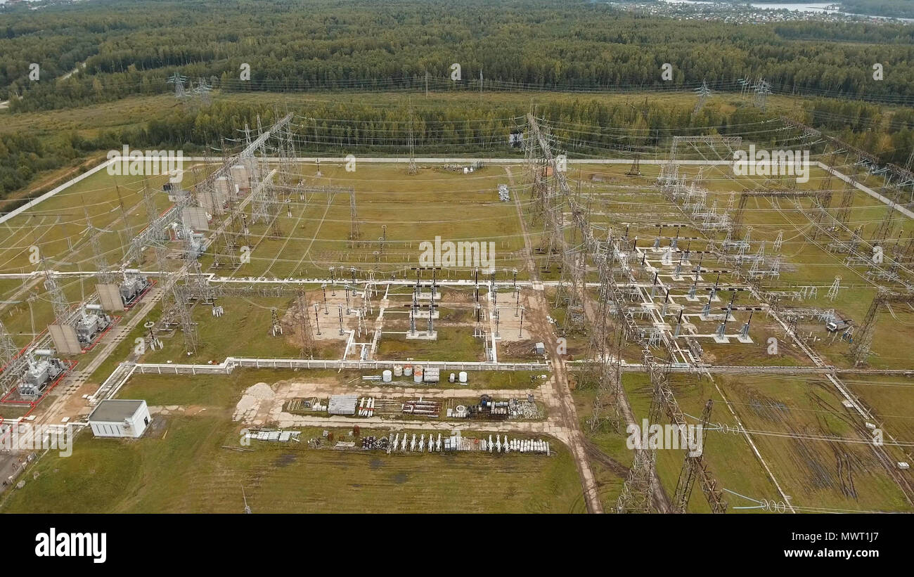 Aerial view Power plant, transformation station, cables and wires. High ...