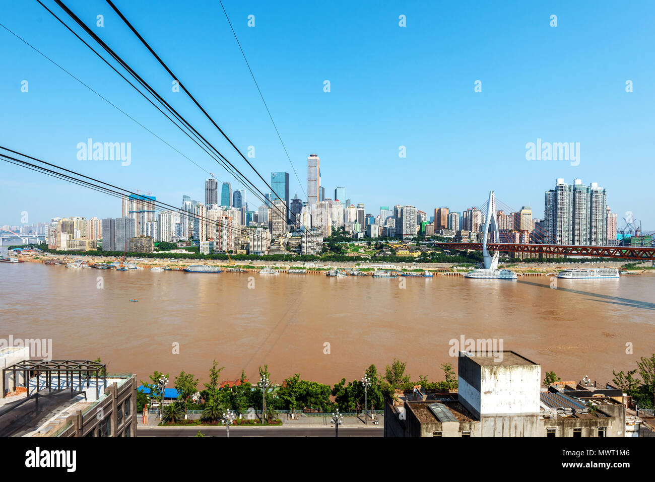 View from cableway over Yangtze river in Chongqing city (Chongqing ...