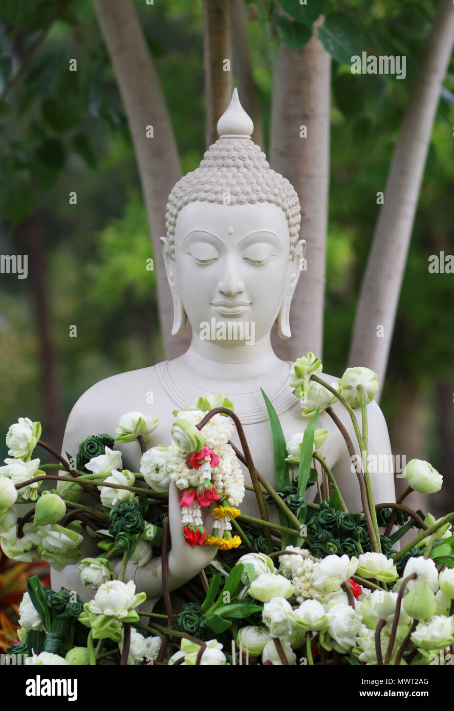 Buddhism worship with offering flowers and garland to buddha statue on ...