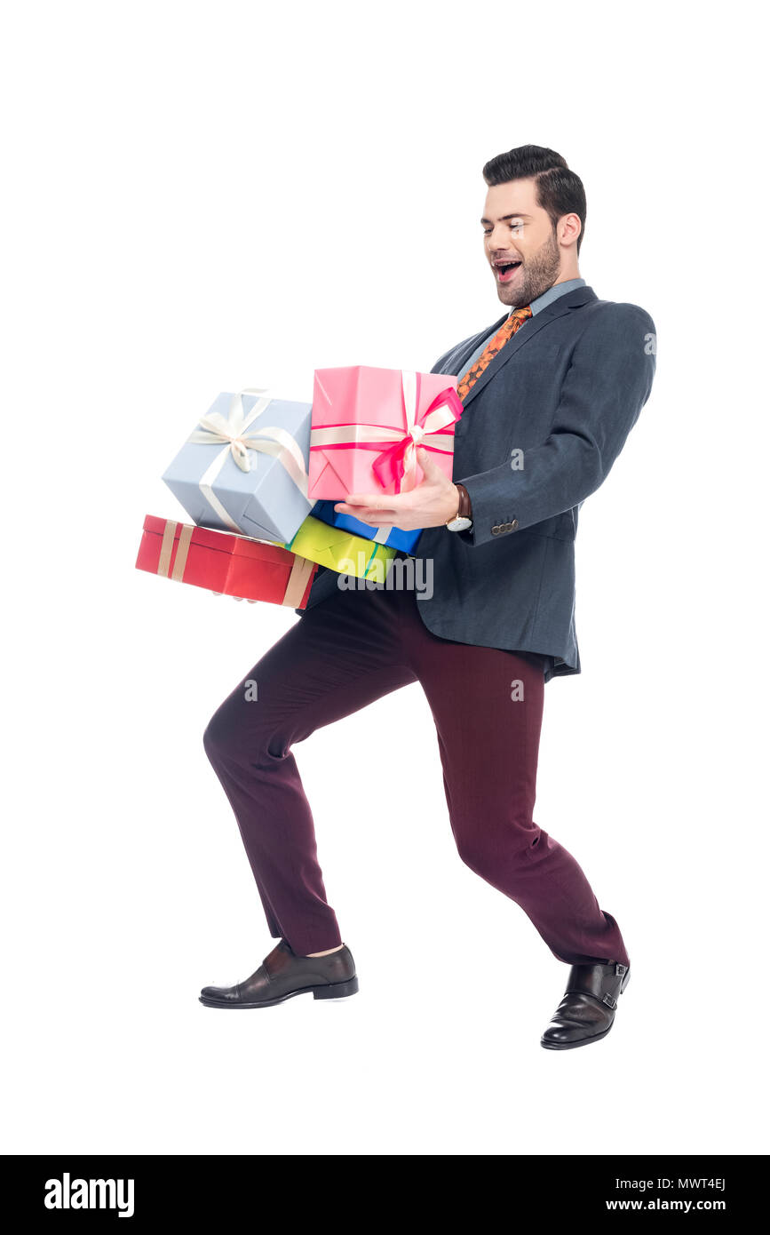 bearded man with falling gift boxes, isolated on white Stock Photo - Alamy