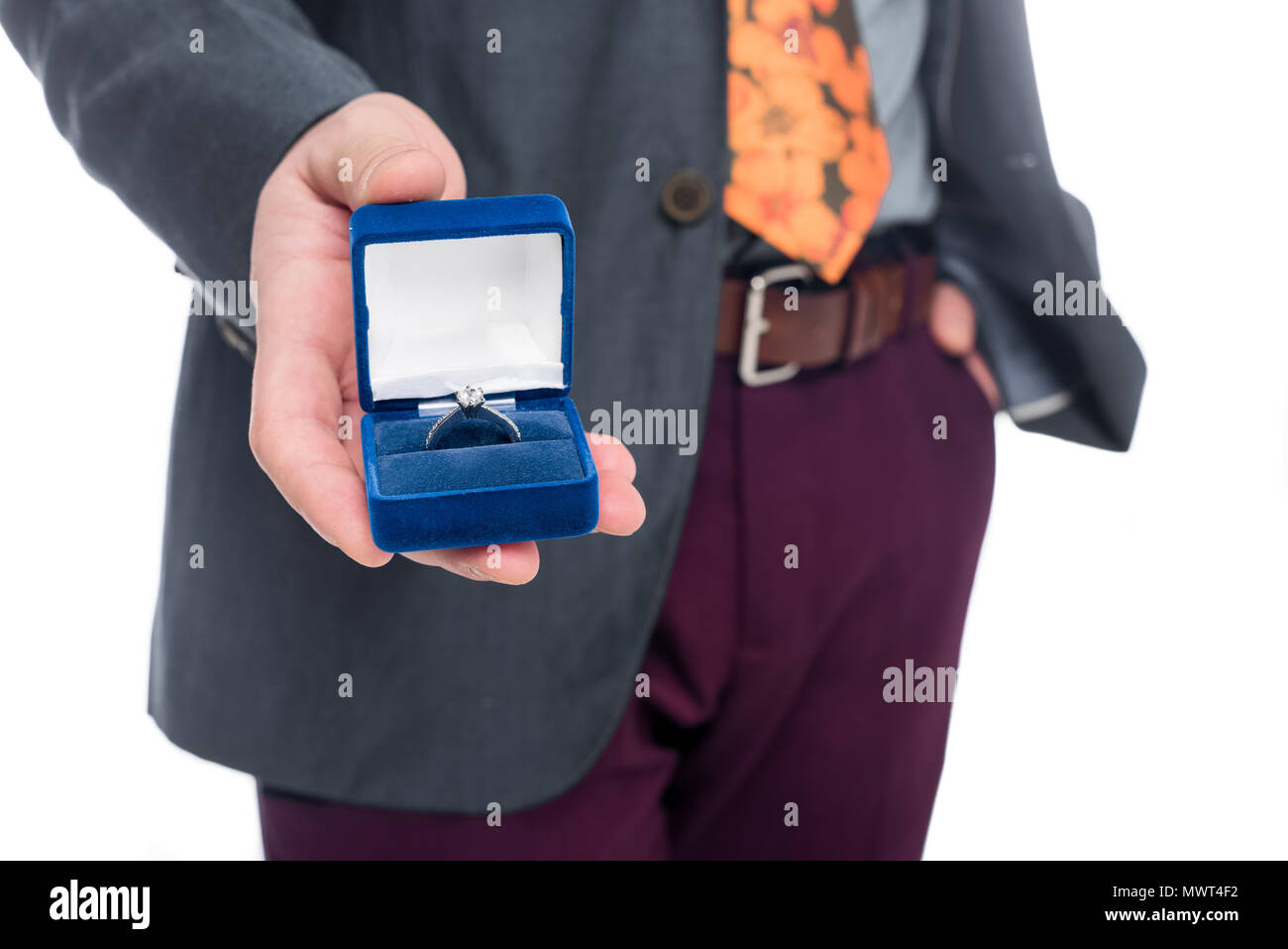 cropped view of man proposing with ring, isolated on white Stock Photo ...