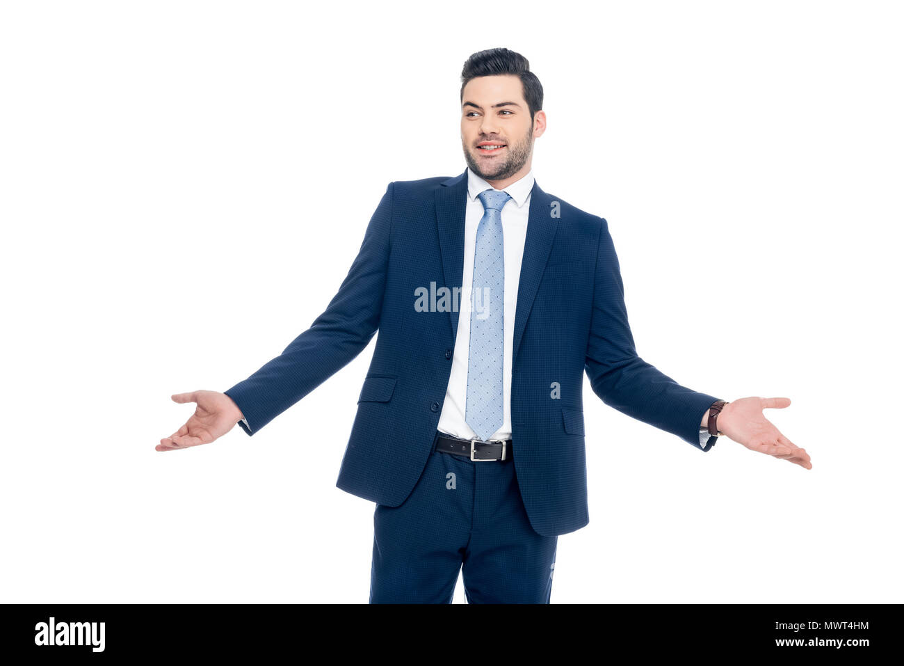 smiling businessman with shrug gesture, isolated on white Stock Photo ...