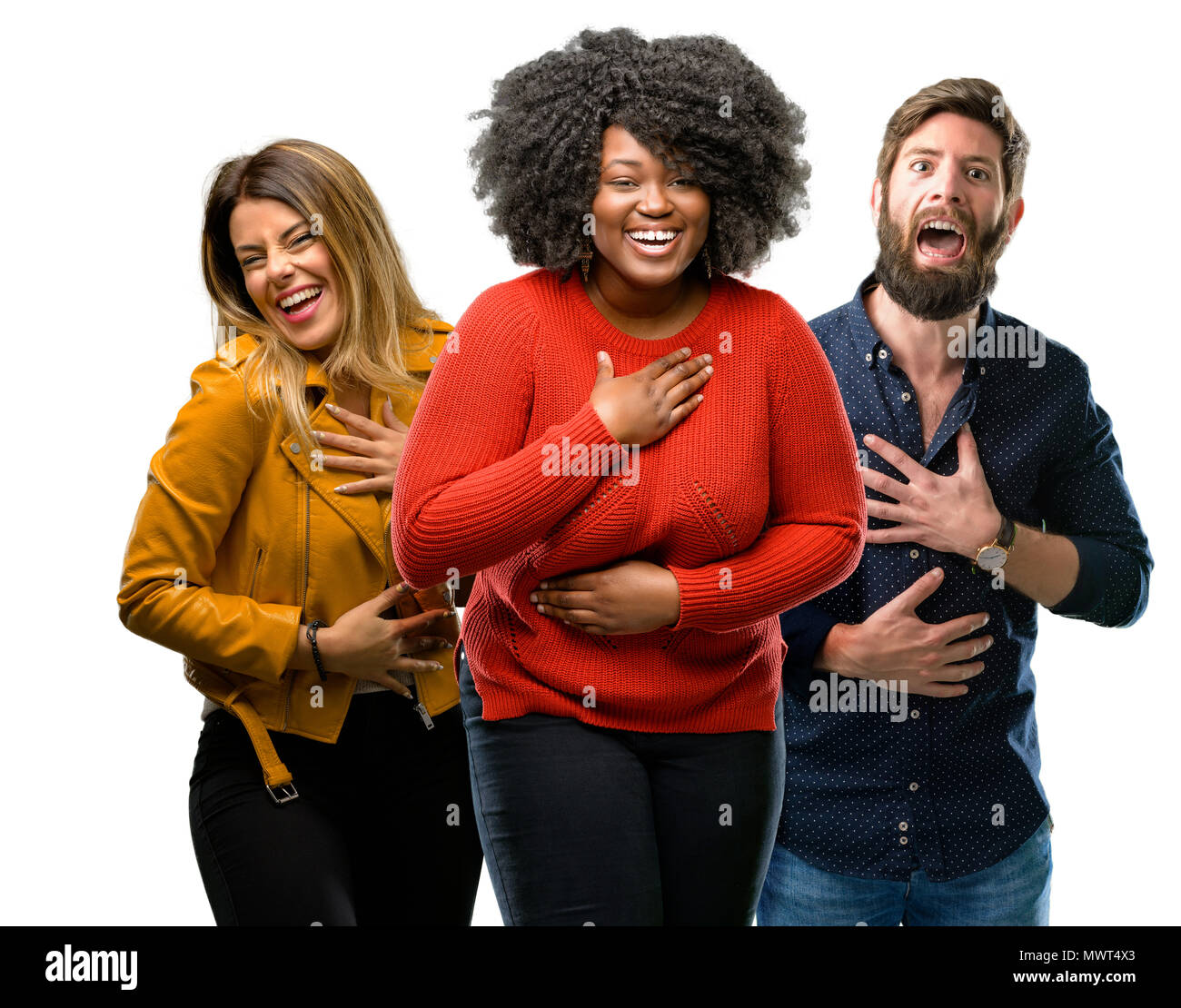 Group of three young men and women confident and happy with a big ...