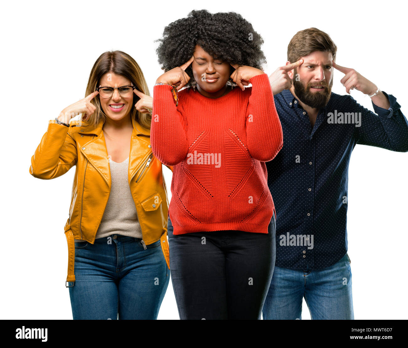 Group of three young men and women doubt expression, confuse and wonder ...