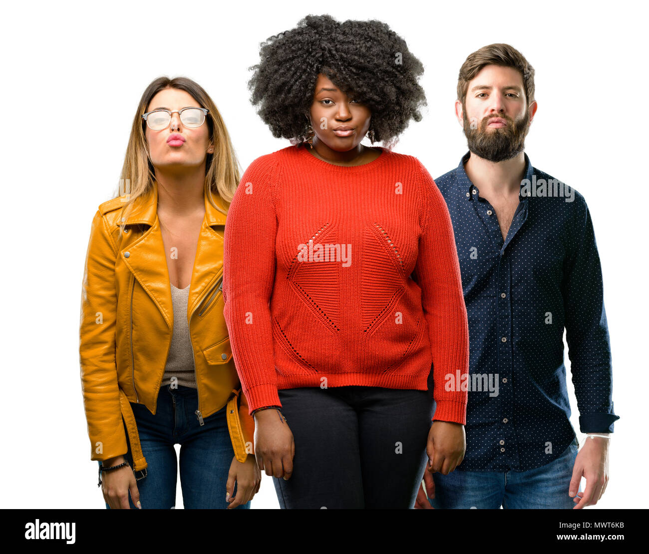 Group of three young men and women expressing love, blows kiss at ...