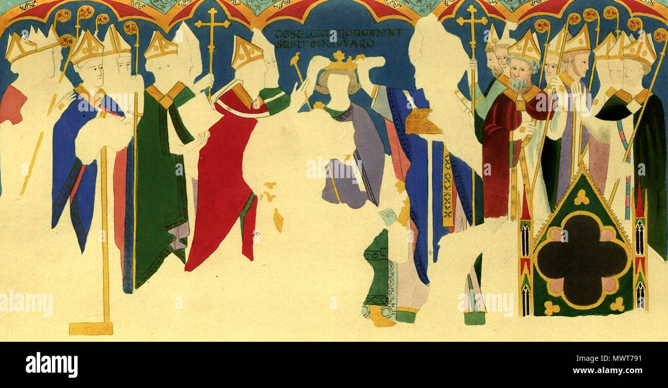 . Watercolour copy of mural of the Coronation of Edward the Confessor ...