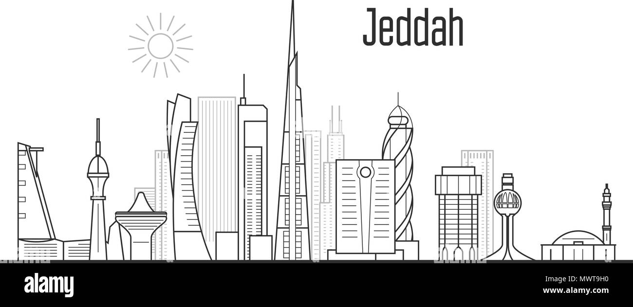 Jeddah city skyline - towers and landmarks, cityscape in liner style ...