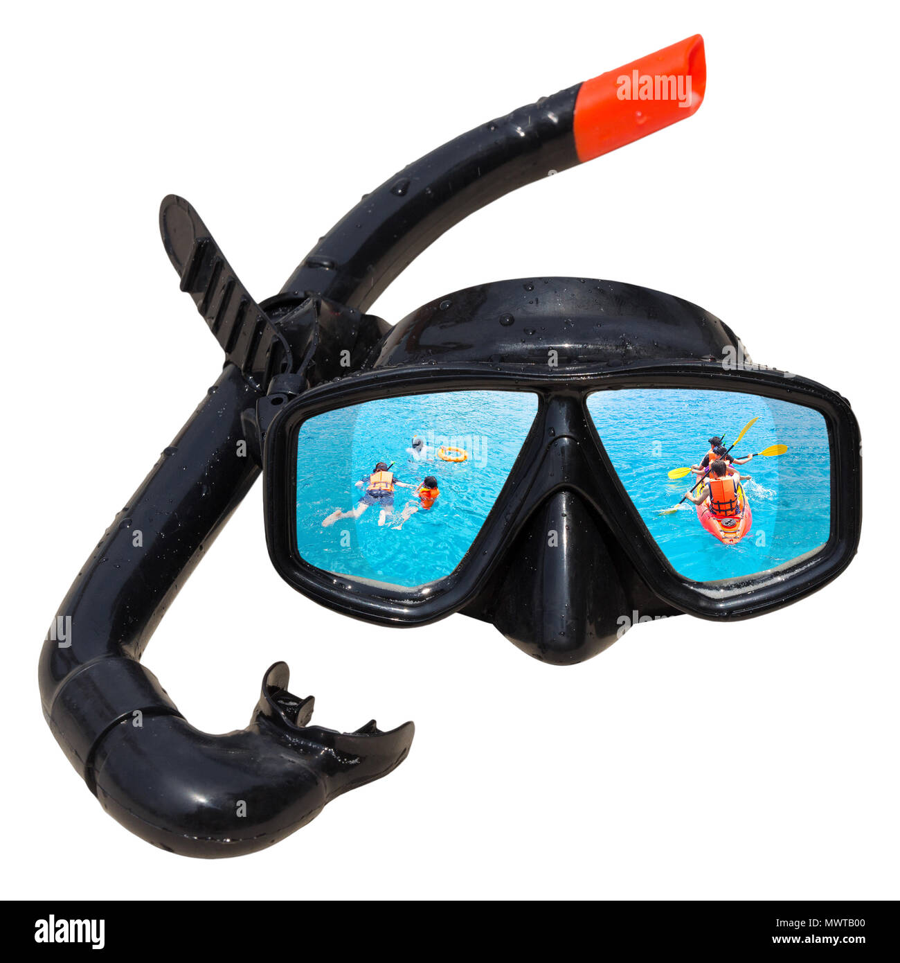 People activities in ocean is reflected in diving mask and snorkel on ...