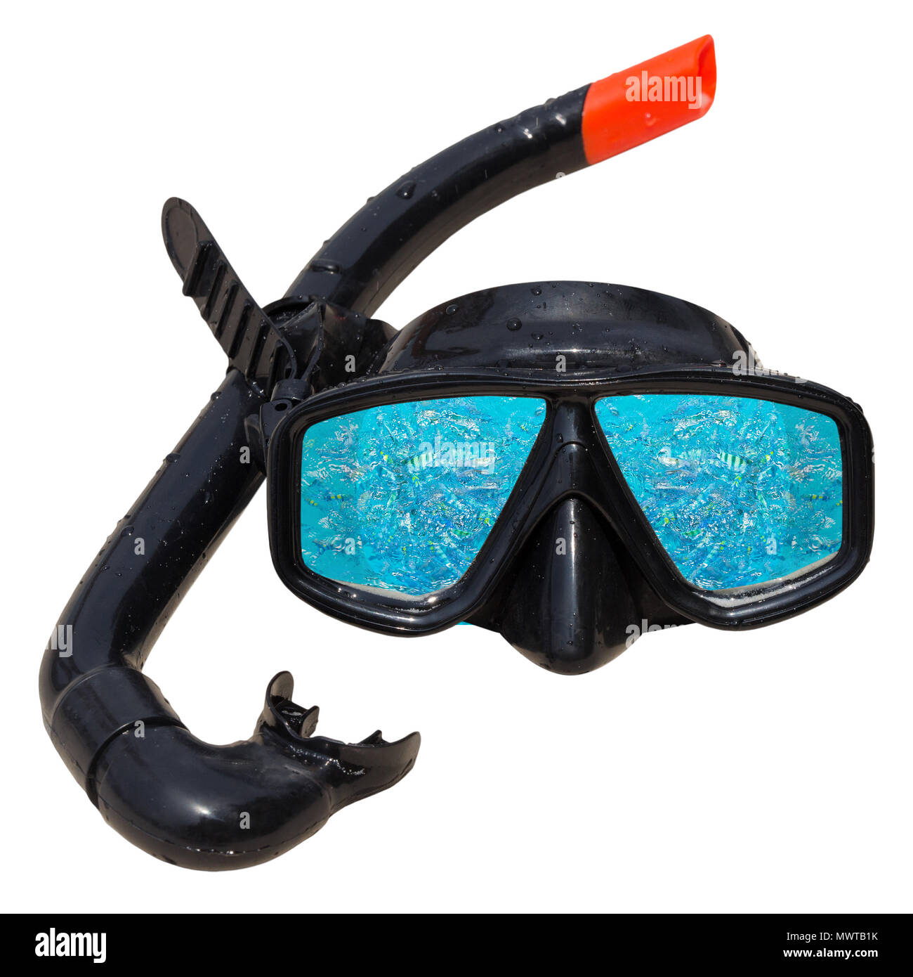 Fish in ocean is reflected in diving mask and snorkel on the beach ...