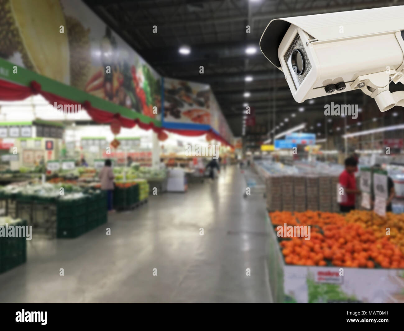The CCTV Security Camera operating in the supermarket store blur ...