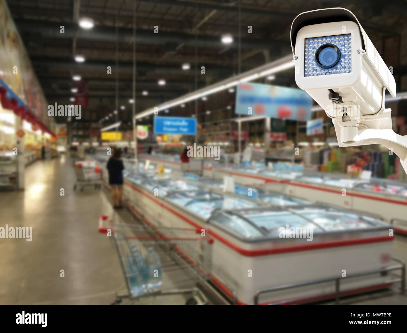 The CCTV Security Camera operating in the supermarket store blur ...