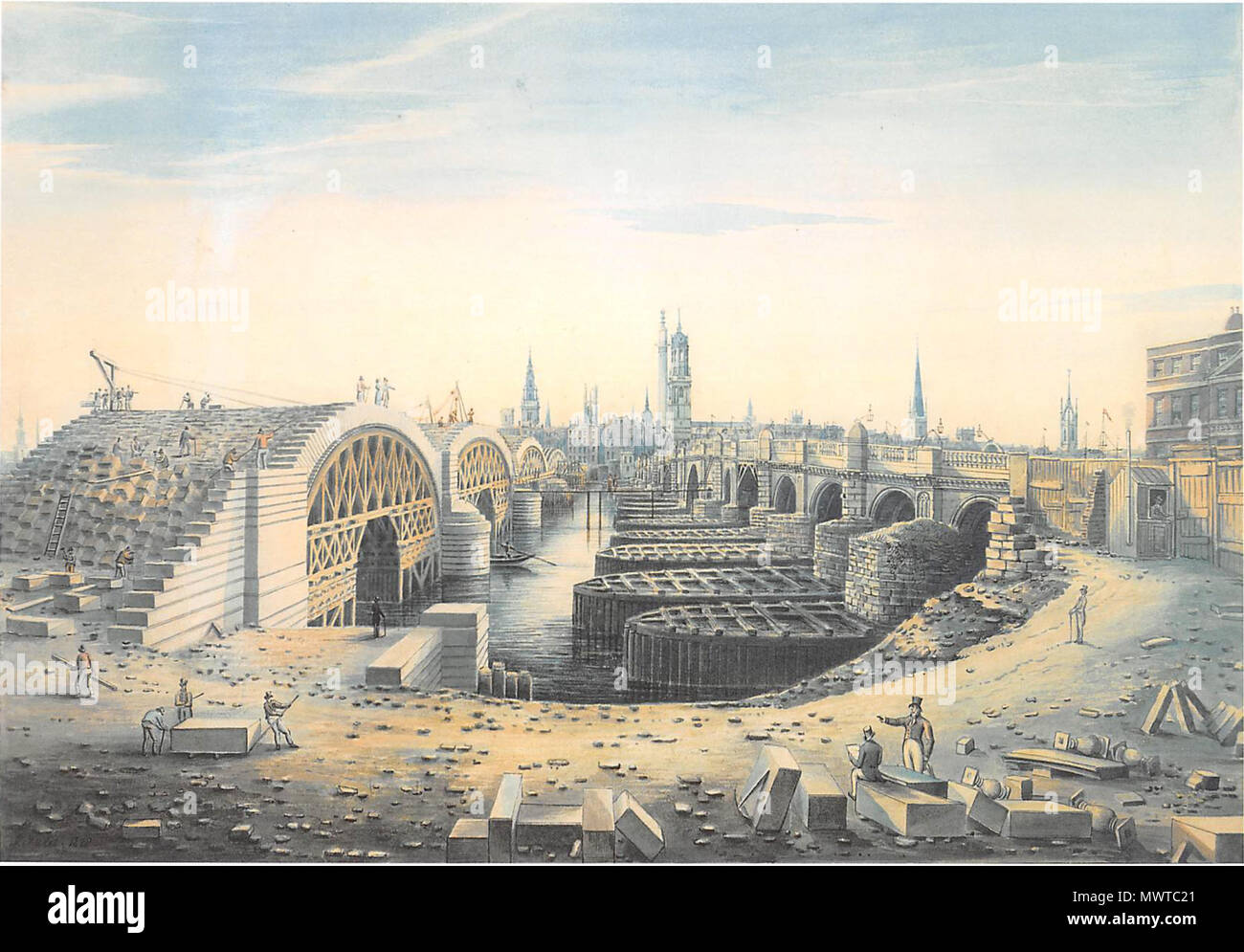 . English: The Construction of New London Bridge alongside the old ...