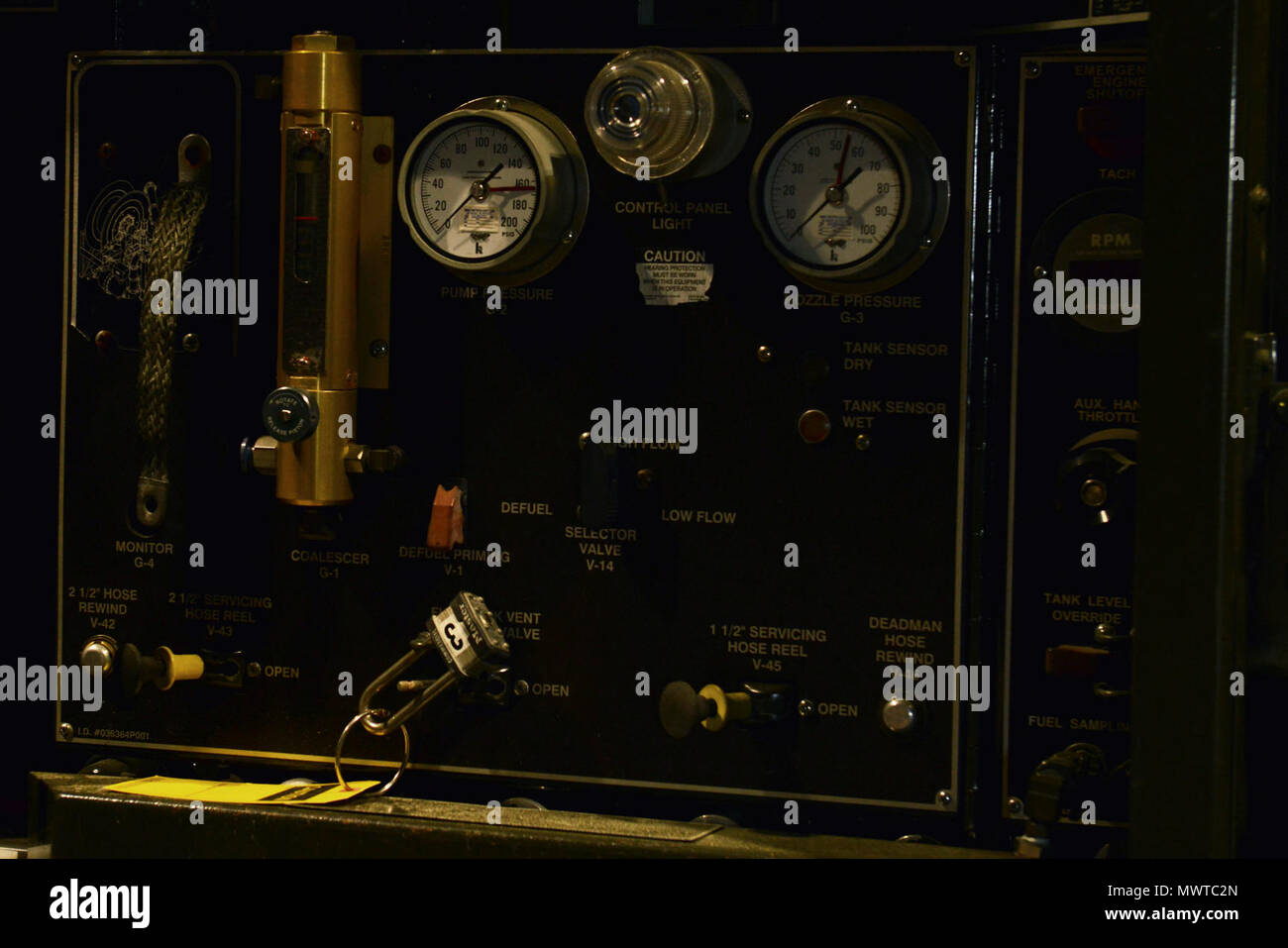 A control panel is open on an R-11 refueling truck at Shaw Air Force ...