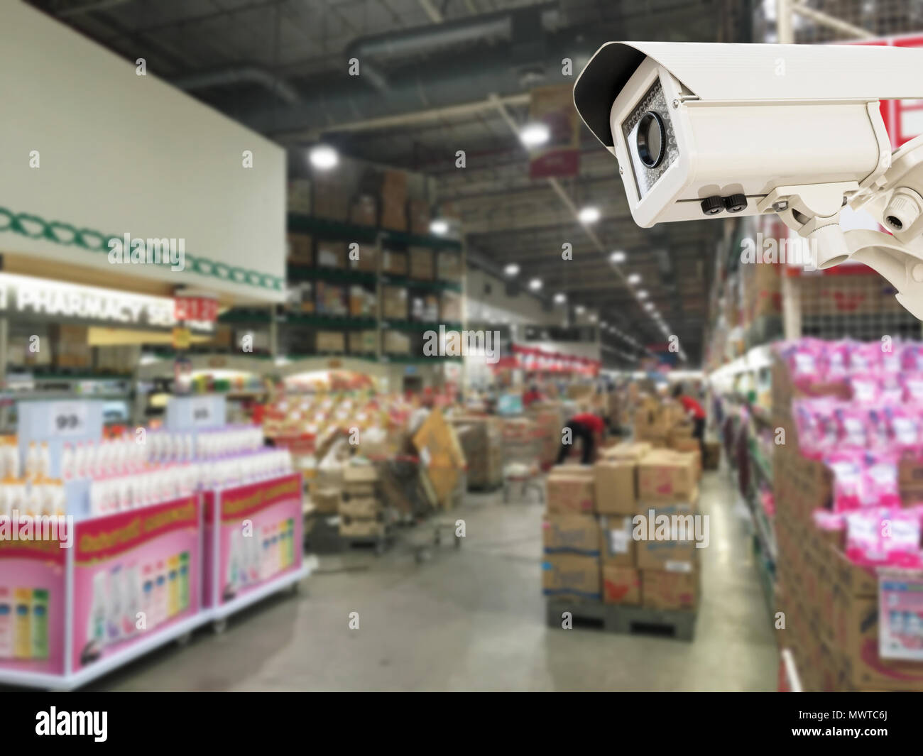 The CCTV Security Camera operating in the supermarket store blur ...