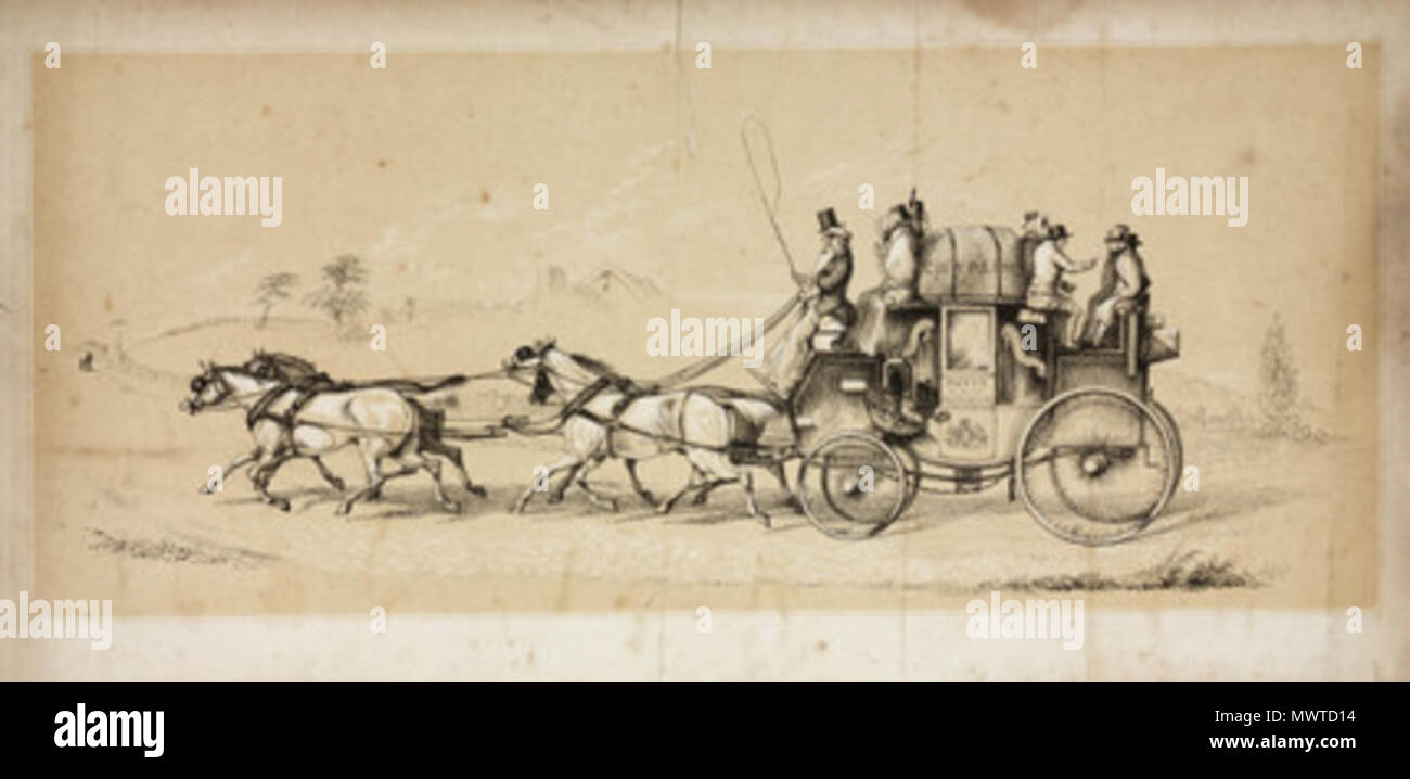 . Three colour lithograph showing a horse-drawn coach travelling ...