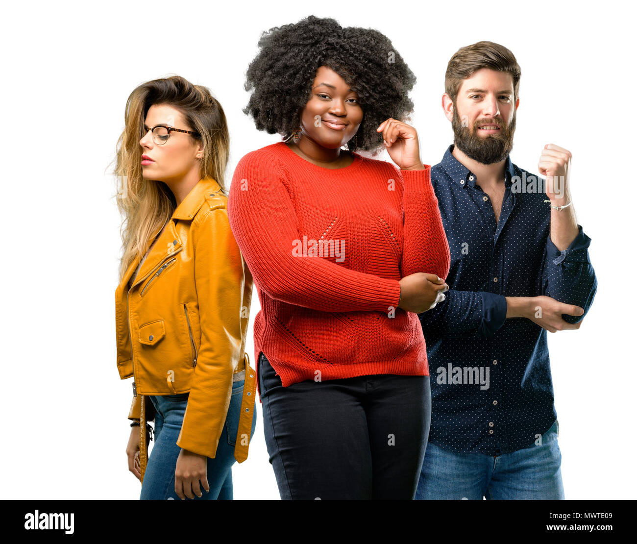 Group of three young men and women confident and happy with a big ...