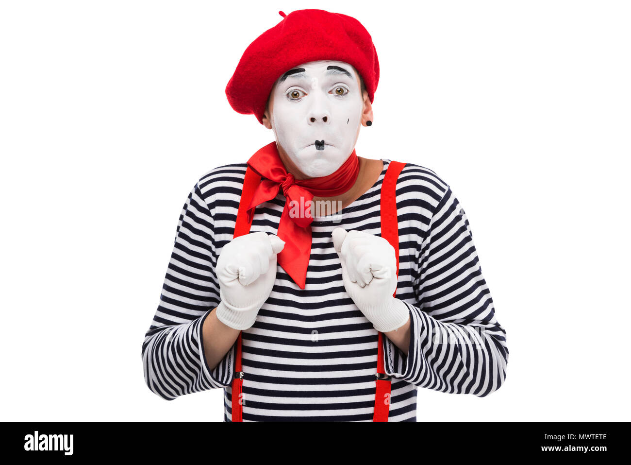 scared mime looking at camera isolated on white Stock Photo - Alamy