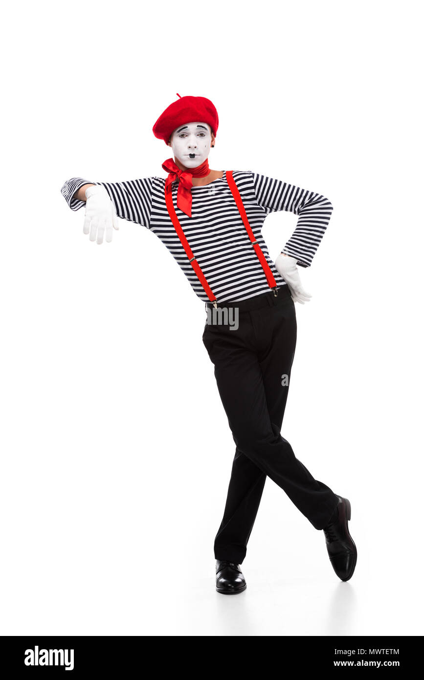 mime pretending leaning on something isolated on white Stock Photo - Alamy