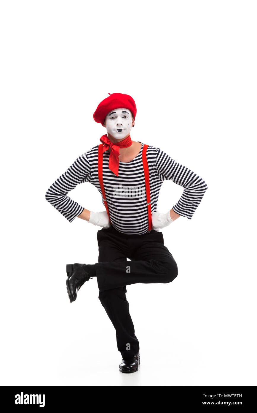 funny mime performing on one leg isolated on white Stock Photo - Alamy