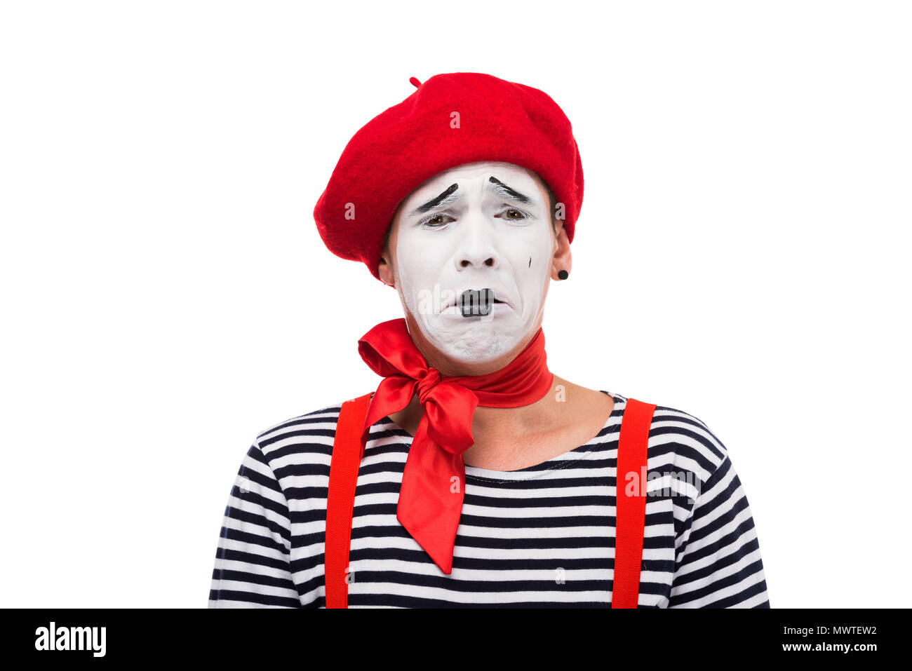 crying mime with red bow isolated on white Stock Photo - Alamy