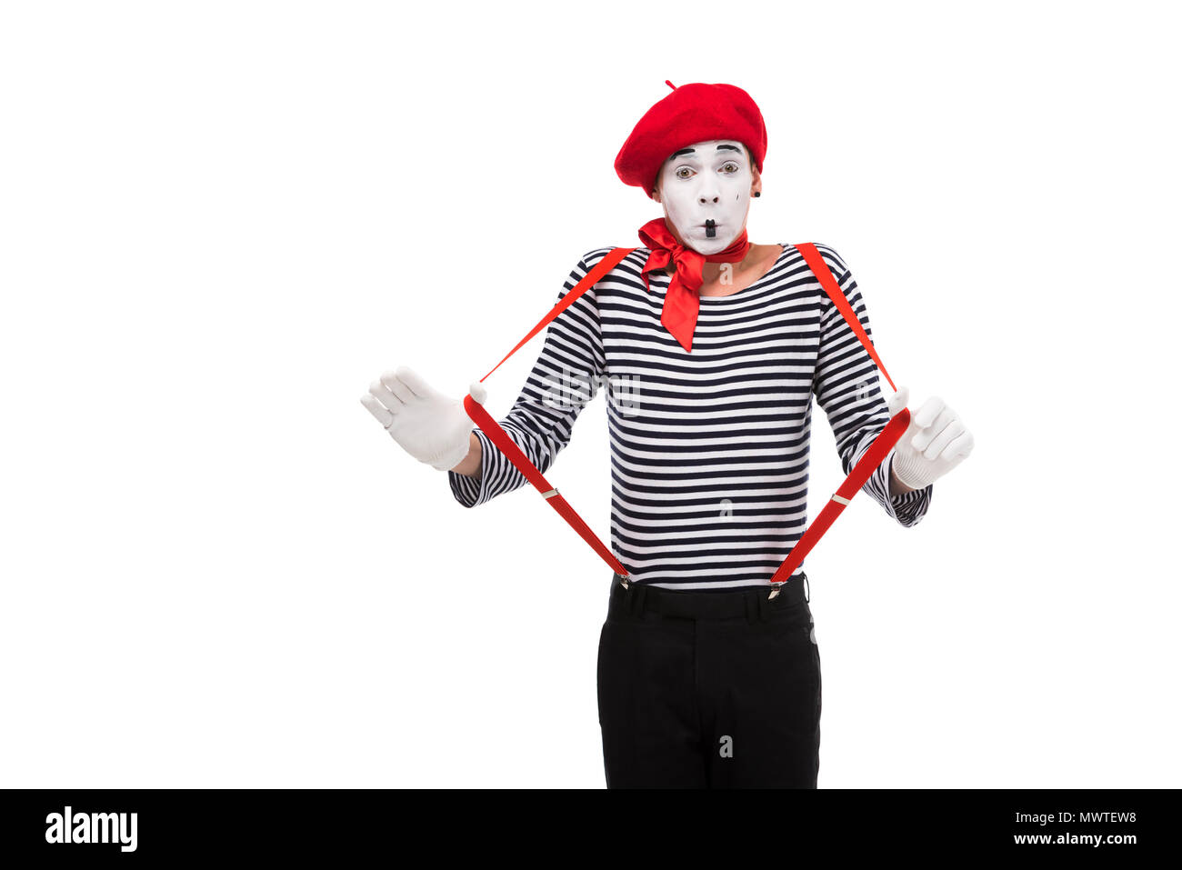 shocked mime with red suspenders isolated on white Stock Photo - Alamy
