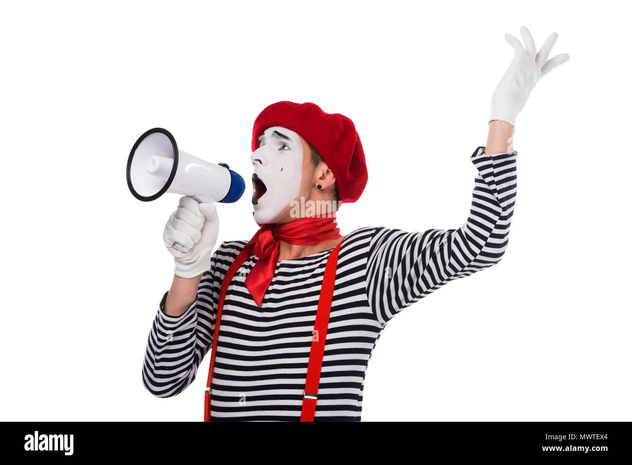 mime speaking in megaphone and gesturing isolated on white Stock Photo ...