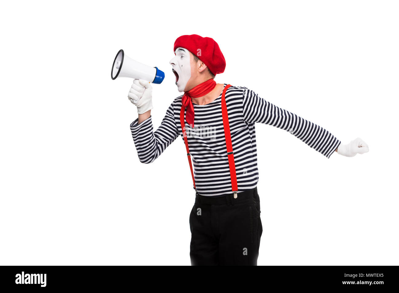 mime shouting in megaphone isolated on white Stock Photo - Alamy
