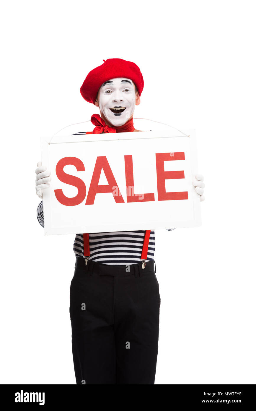 happy mime holding sale signboard isolated on white Stock Photo - Alamy