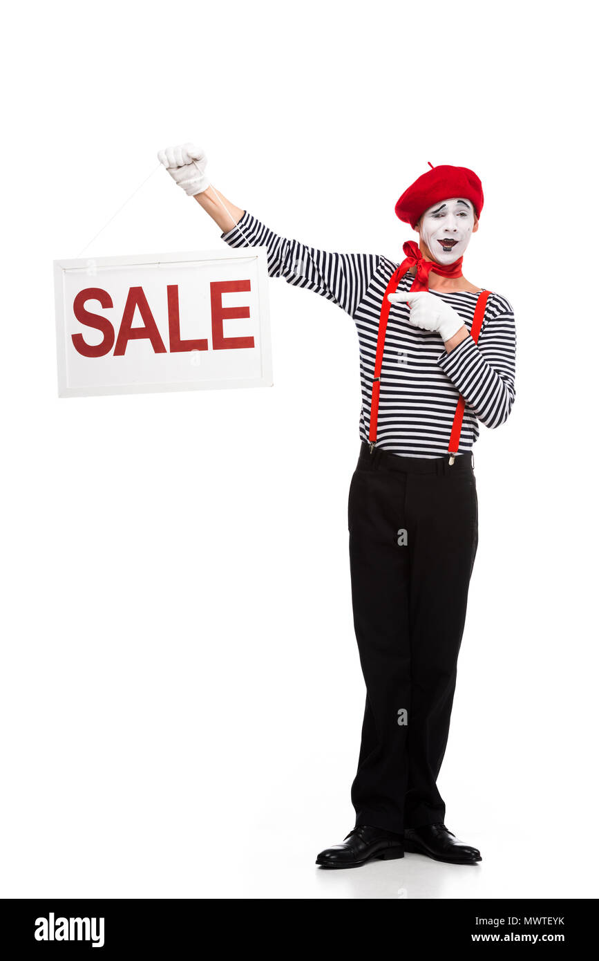 happy mime pointing on sale signboard isolated on white Stock Photo - Alamy