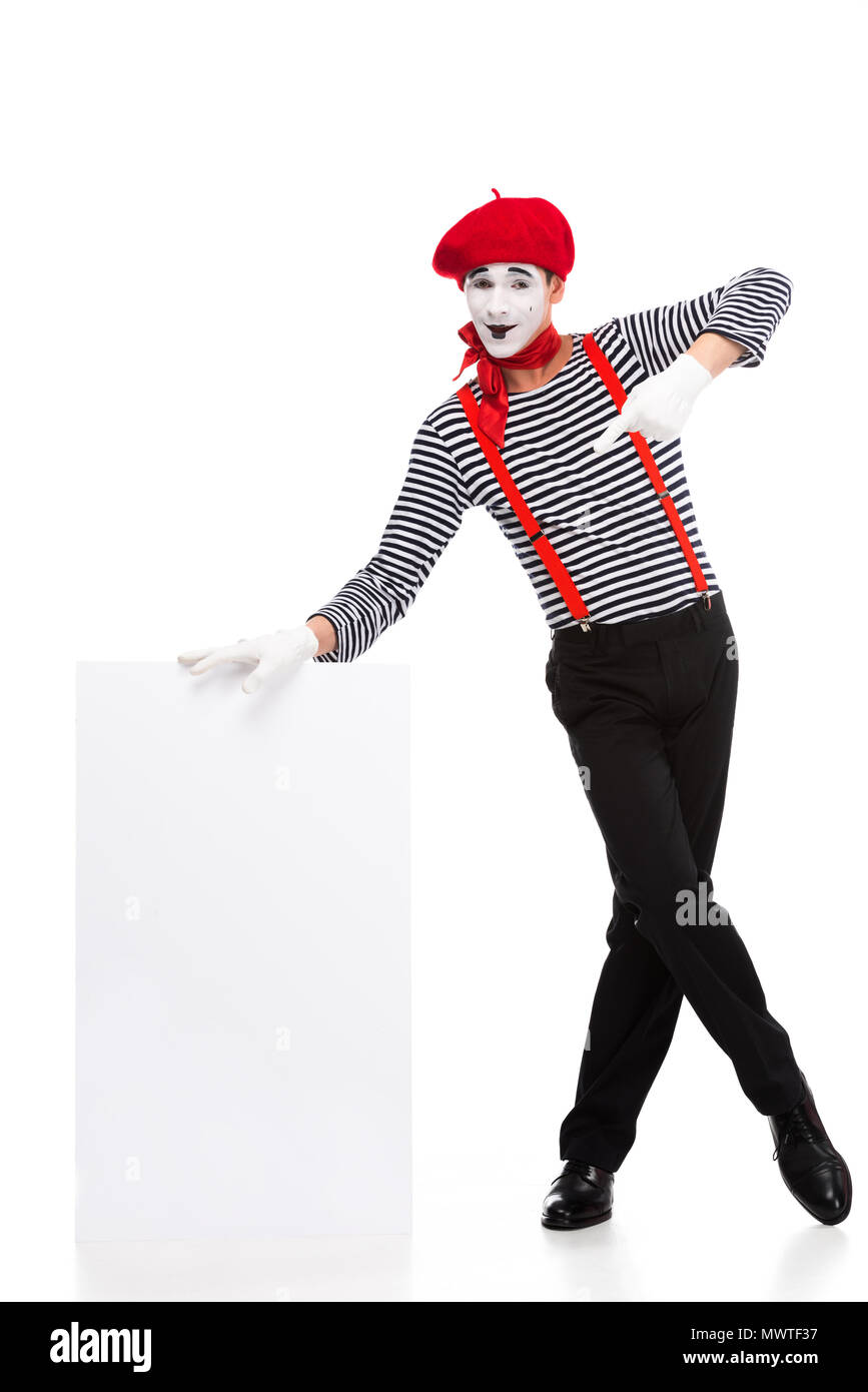 cheerful mime pointing on empty board isolated on white Stock Photo - Alamy