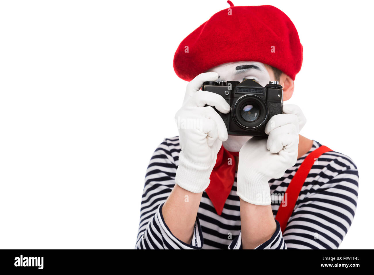 mime taking photo with film camera isolated on white Stock Photo - Alamy