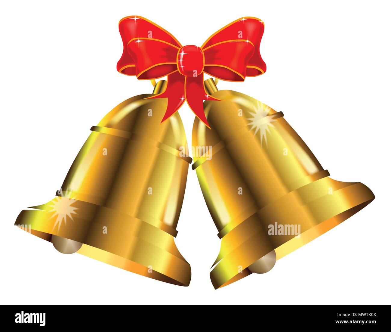 A pair of Christmas golden bells tied together with a red ribbon bow ...