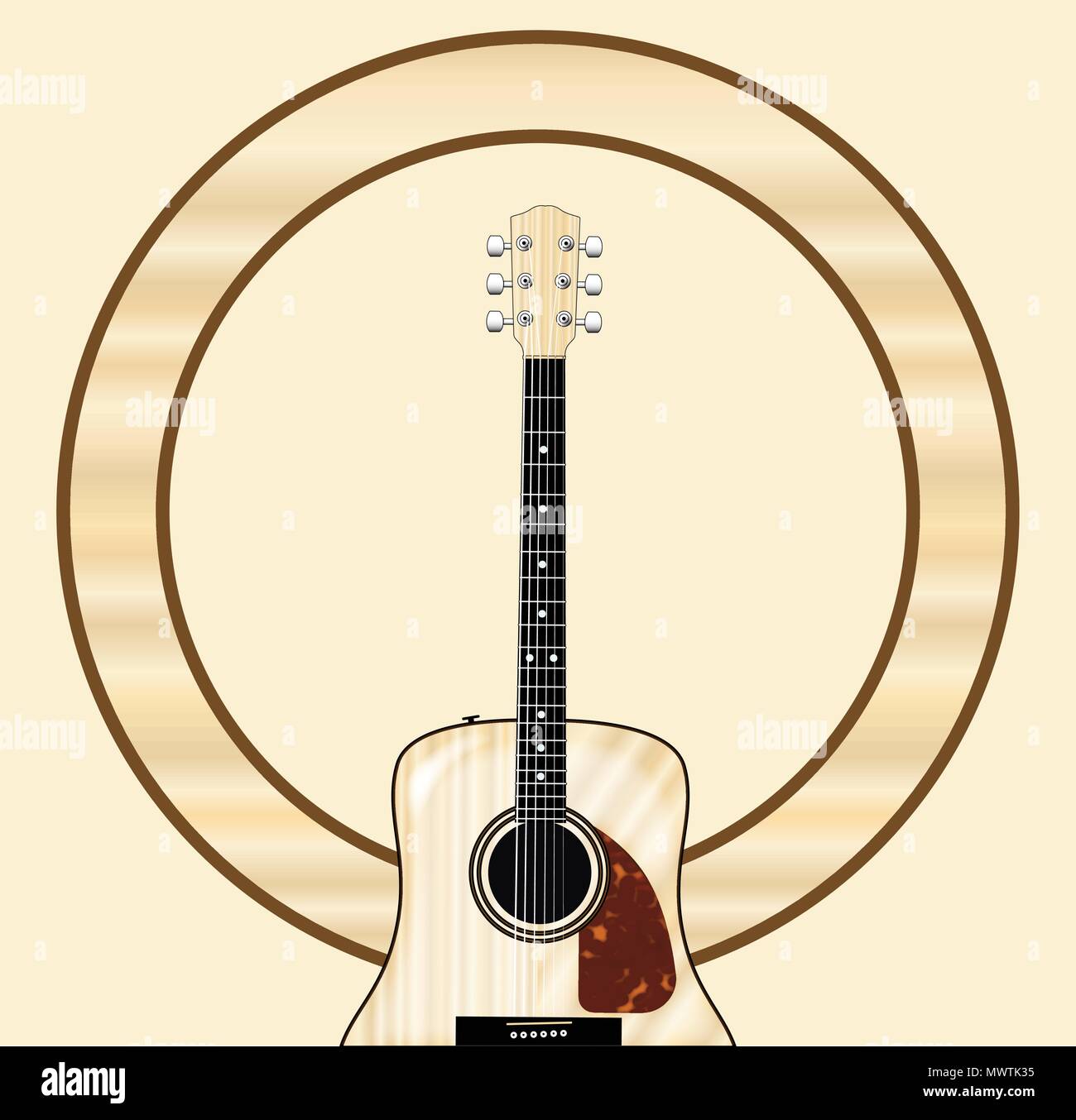 A typical acoustic guitar with wooden circle as a background blank for ...