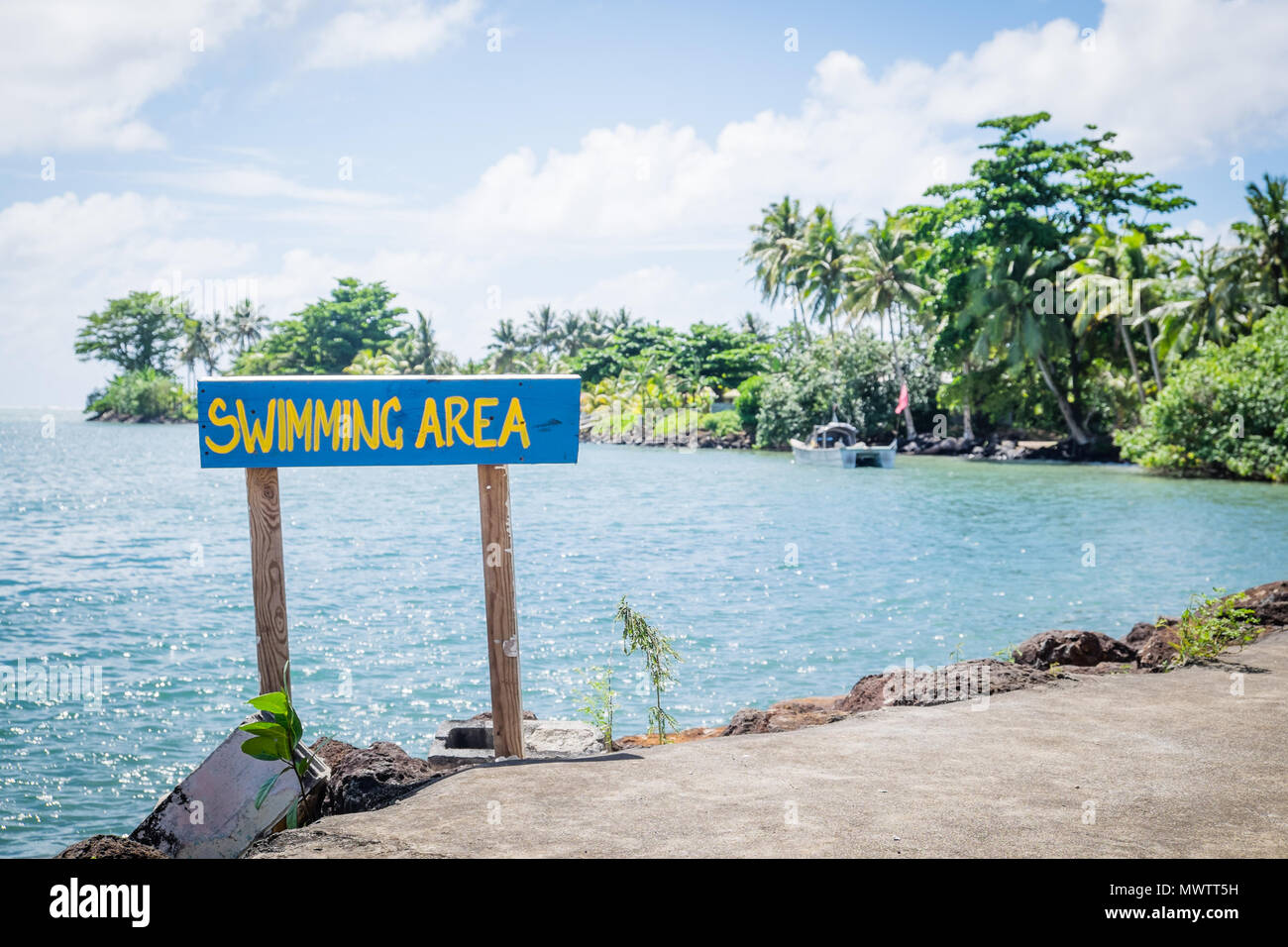 Sign for sea swimming area by Piula Cave Pool, Upolu Island, Western ...