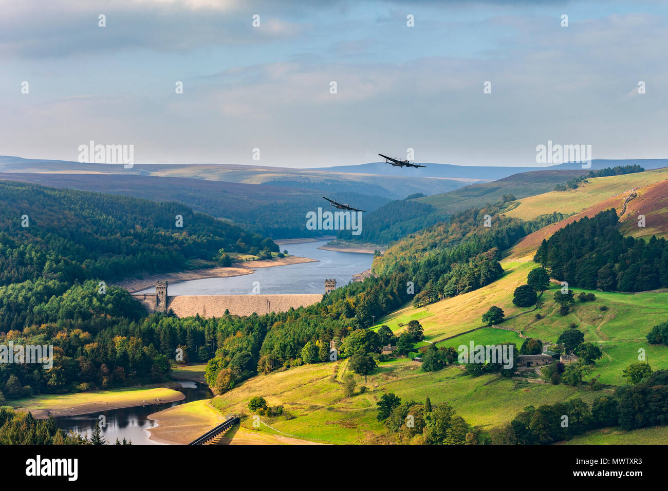 Upper Derwent Valley with two Lancaster bombers passing the Derwent Dam ...