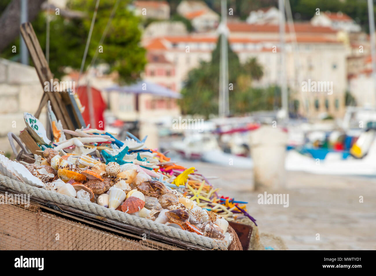 Boxes full of sea shells and sea stars for sale at the port of Hvar ...