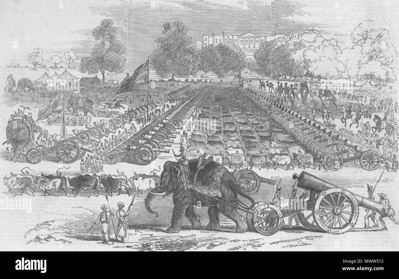 . English: 'The Sikh trophy guns 'forming up', in the fort of Monghyr ...