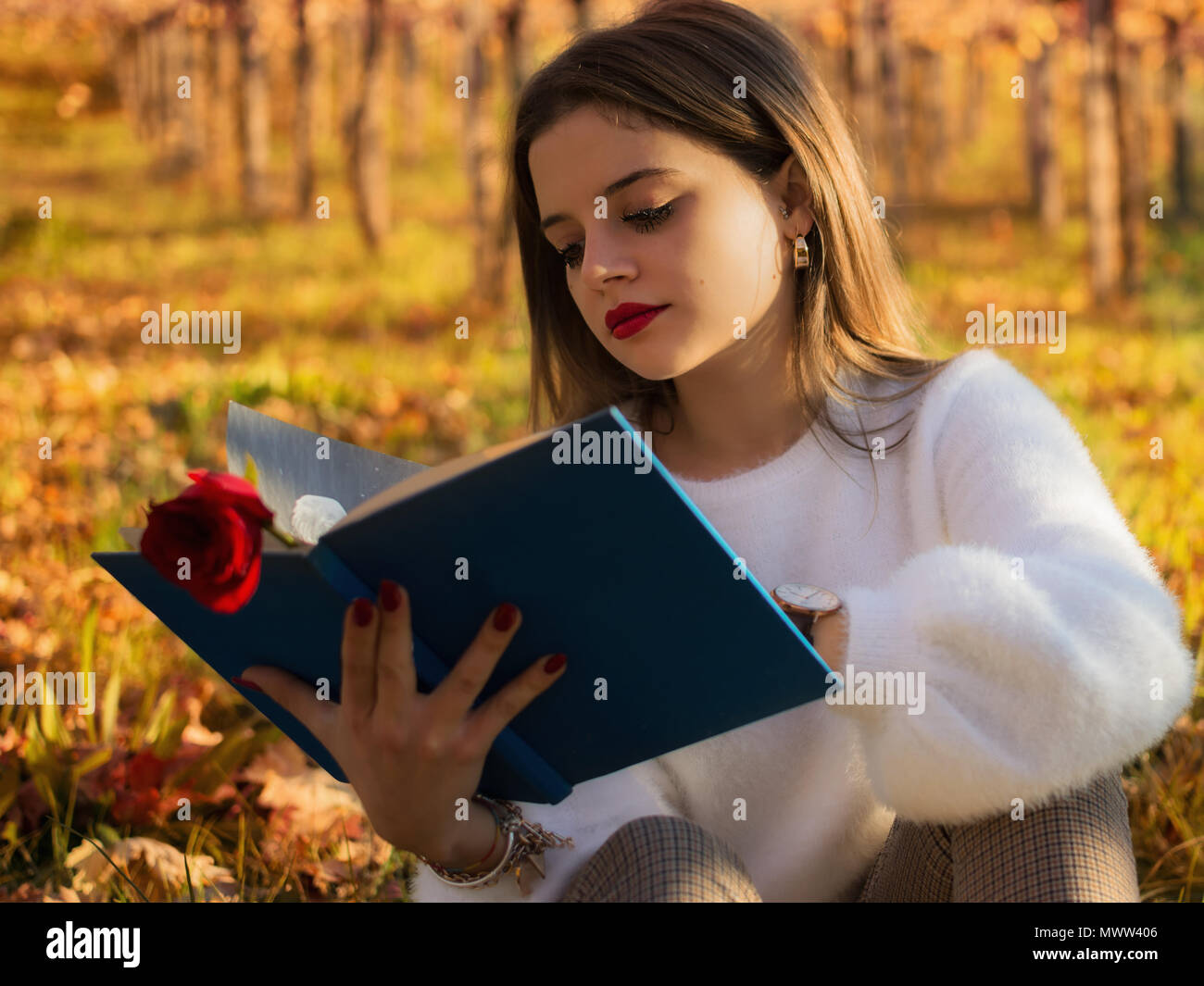 Girl reading a book sitting in the nature Stock Photo - Alamy