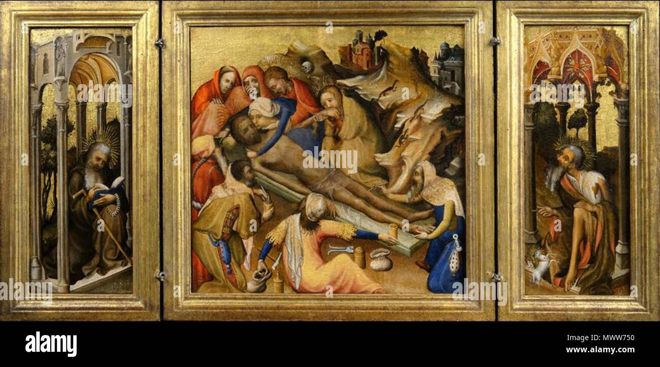 . English: Triptych with the Embalming of the Body of Christ, flanked by portrayals of St ...