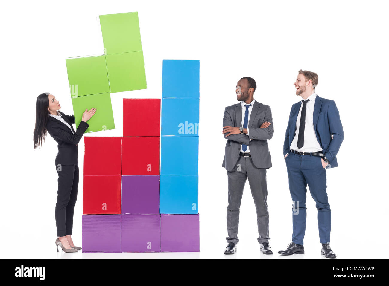 multicultural businessmen looking at asian businesswoman collecting ...