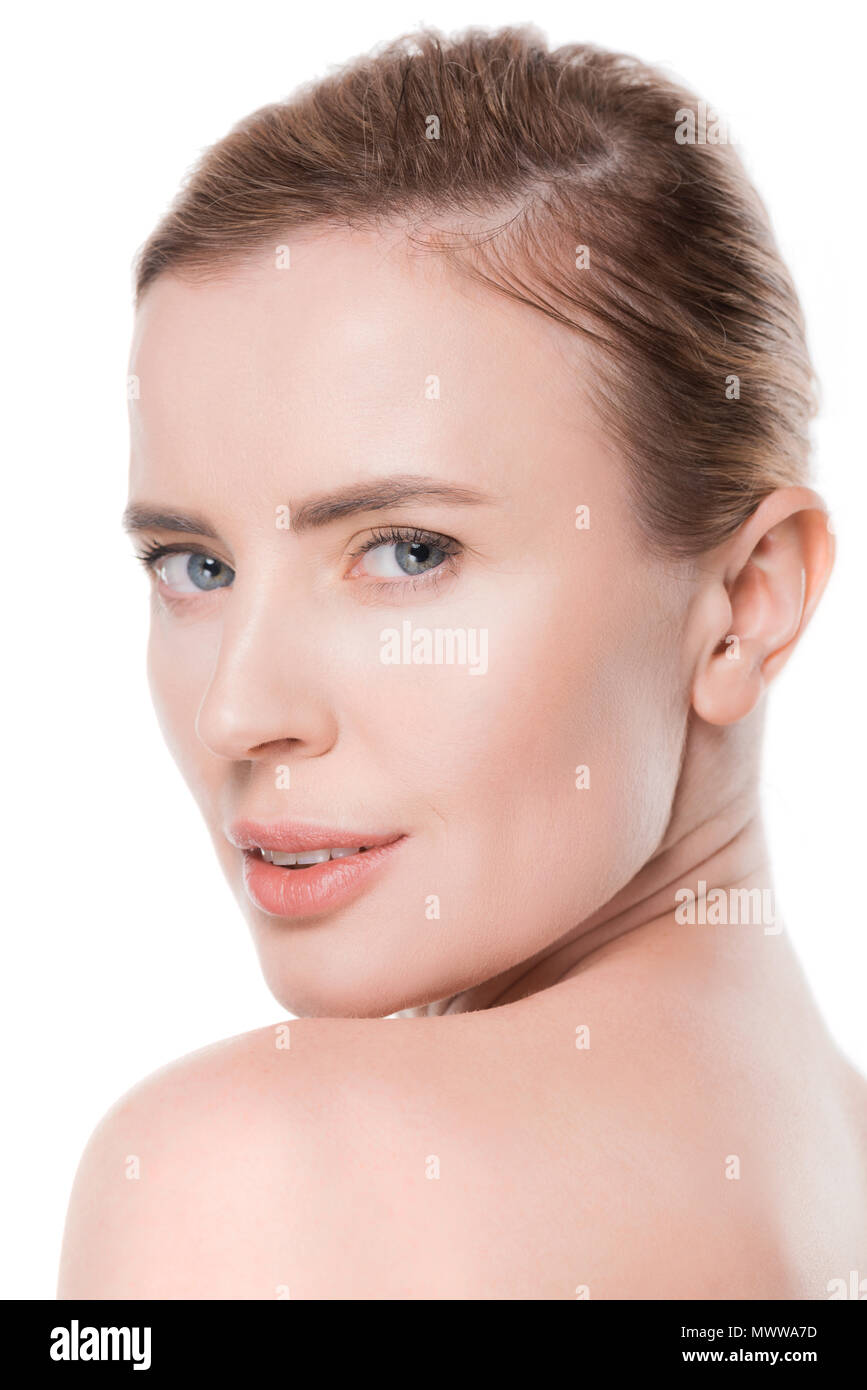 Portrait of woman with fresh clean skin isolated on white Stock Photo ...