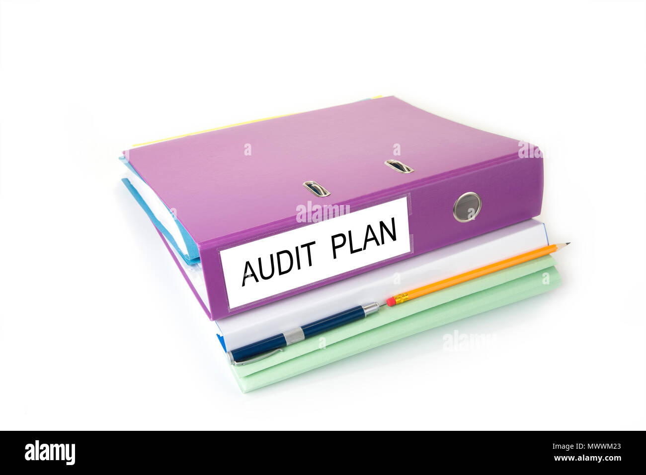 Bookkeeping office files in the folder with pen and blank sign. Audit ...