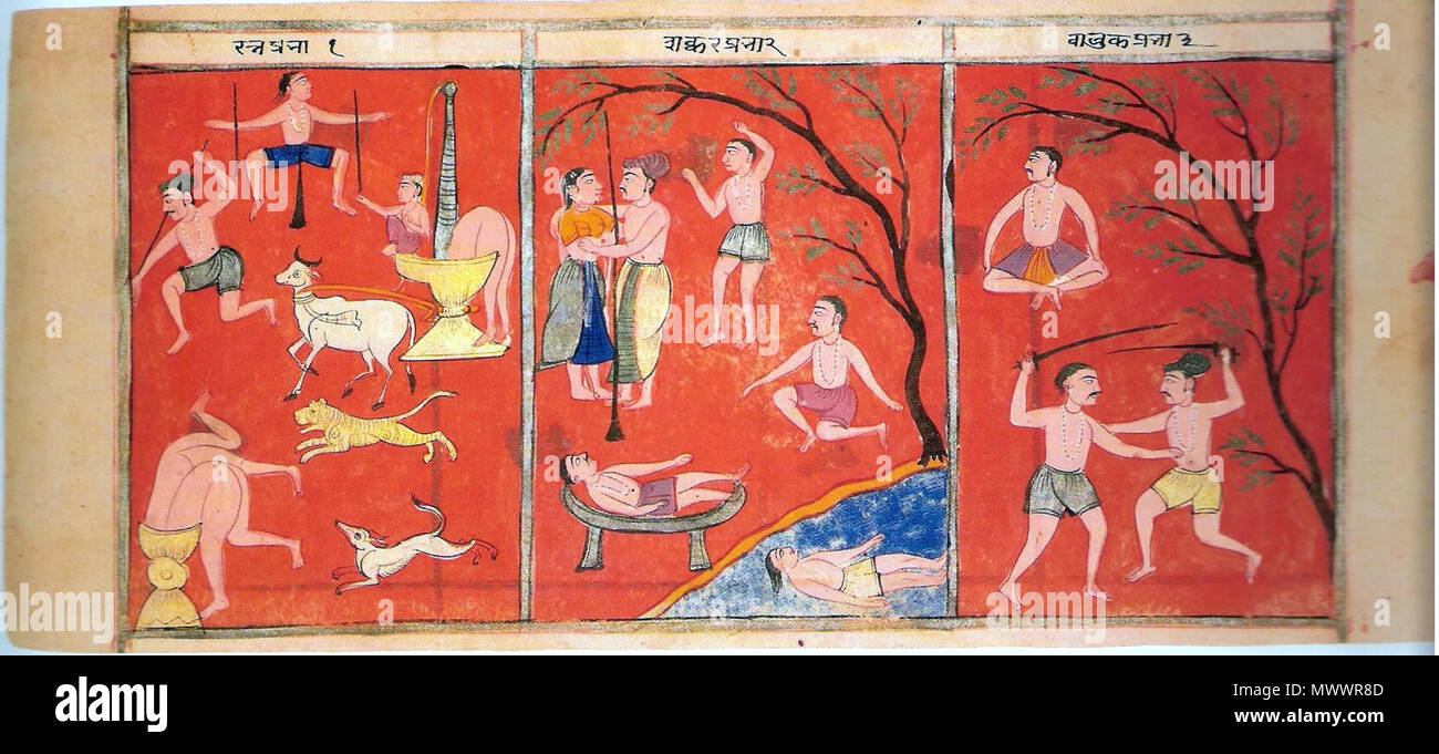 . English: Painting depicting 3 of the seven Jain hells - Ratna prabha ...
