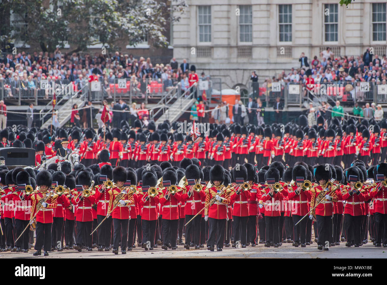 London, UK. 2nd June 2018. The Bands of the Guards Regiments leave the ...