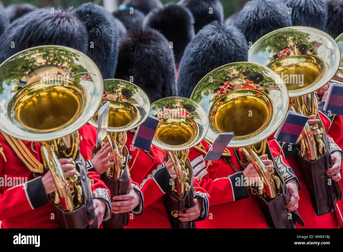 London, UK. 2nd June 2018. The Bands of the Guards Regiments leave the ...