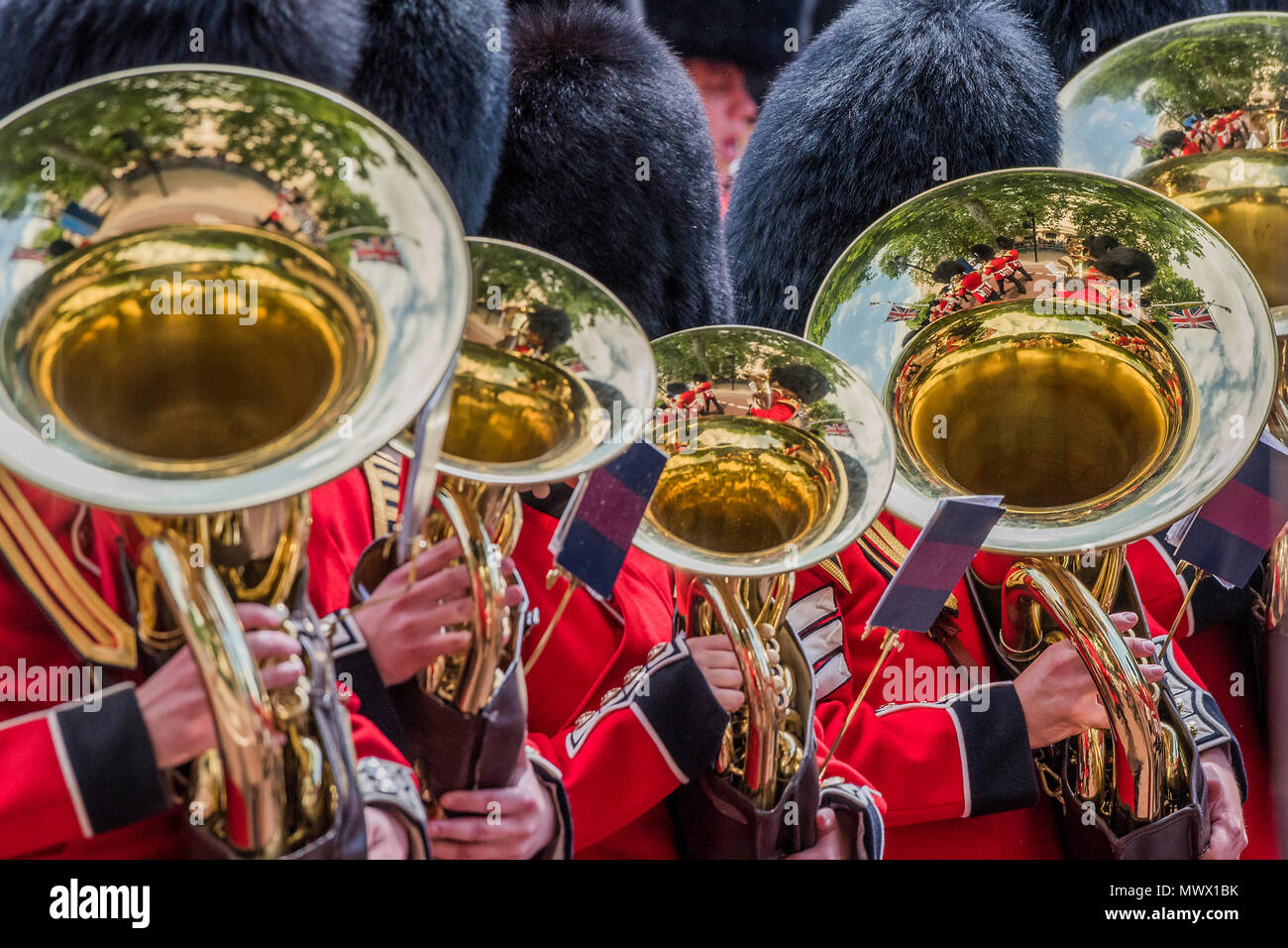 London, UK. 2nd June 2018. The Bands of the Guards Regiments leave the ...