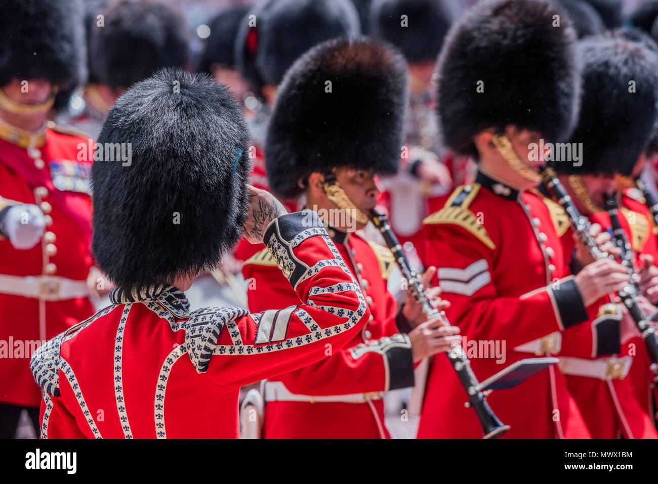 London, UK. 2nd June 2018. The Bands of the Guards Regiments leave the ...