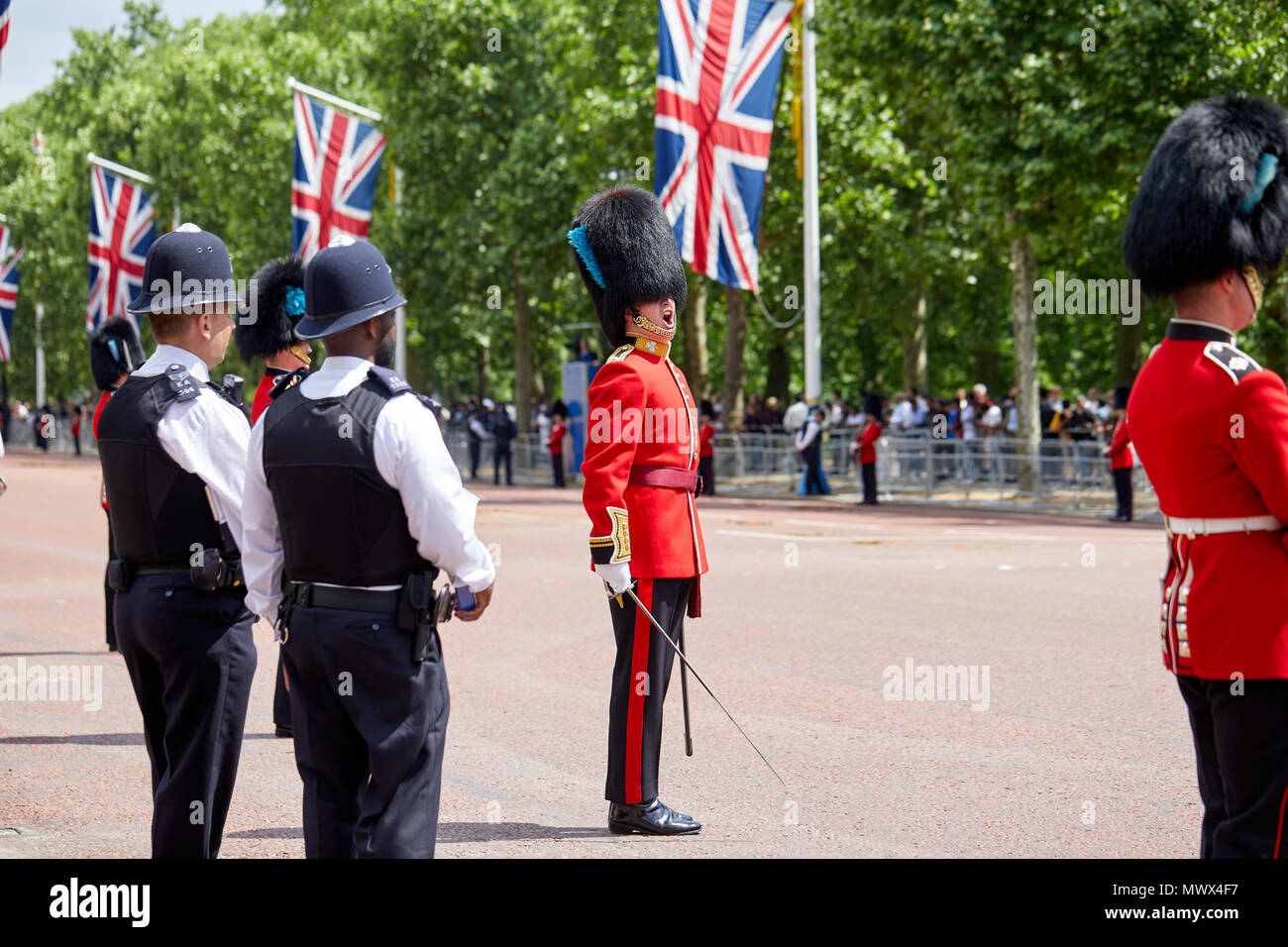 London, UK. 2nd June 2018. A soldier, in ceremonial uniform, shouts ...