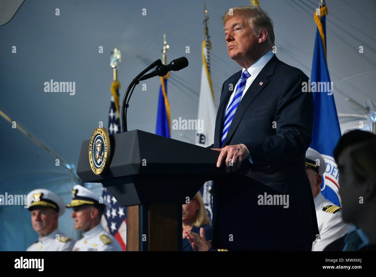U.S. President Donald Trump speaks during a change of command ceremony ...